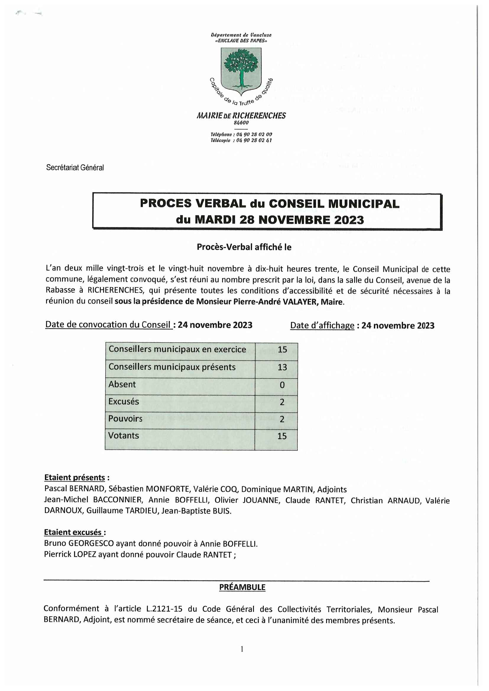 Procès verbal du conseil municipal du 28 novembre 2023